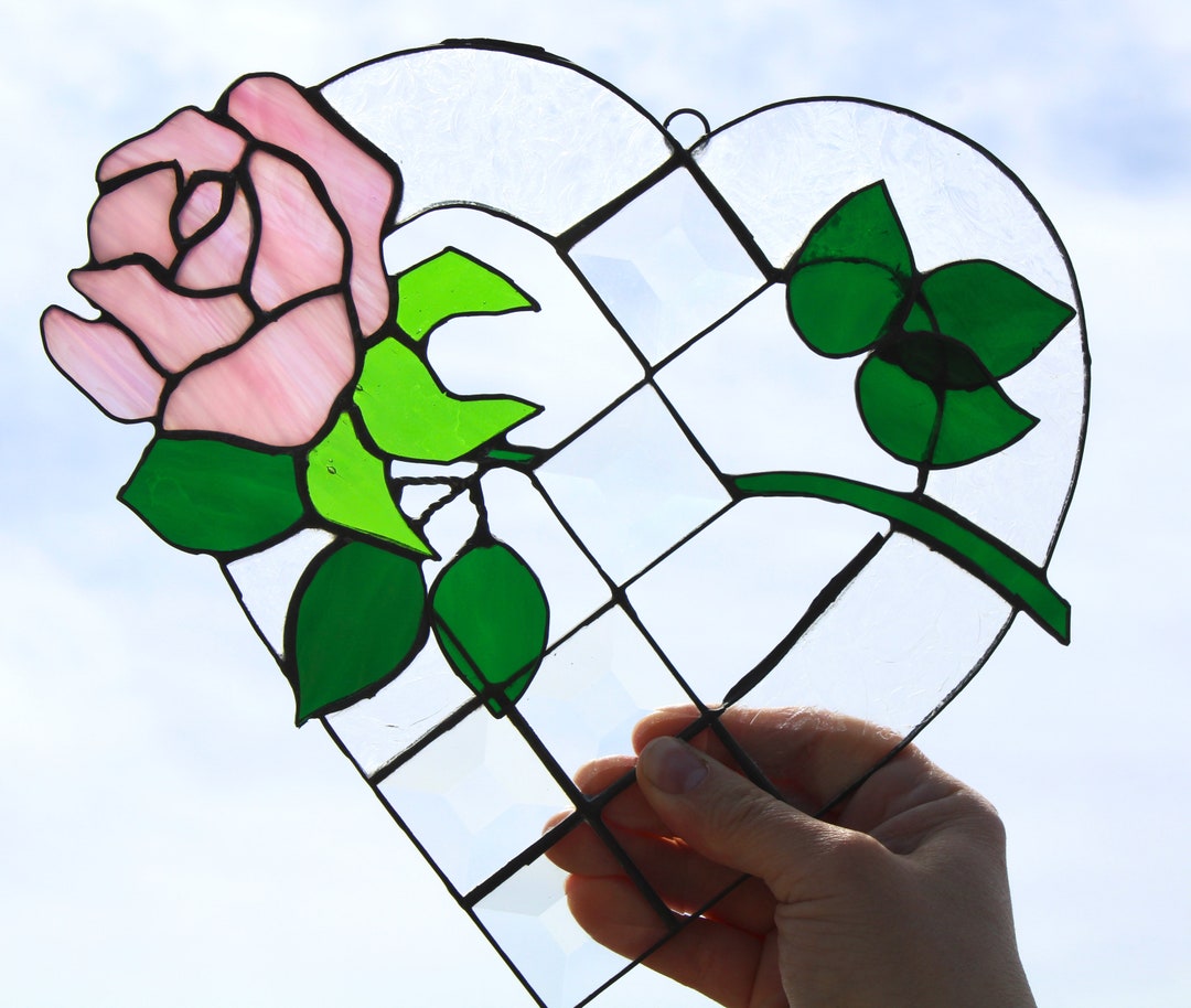 Vintage Stained Glass Rose Heart Shaped W/faceted & Frosted Clear Glass ...