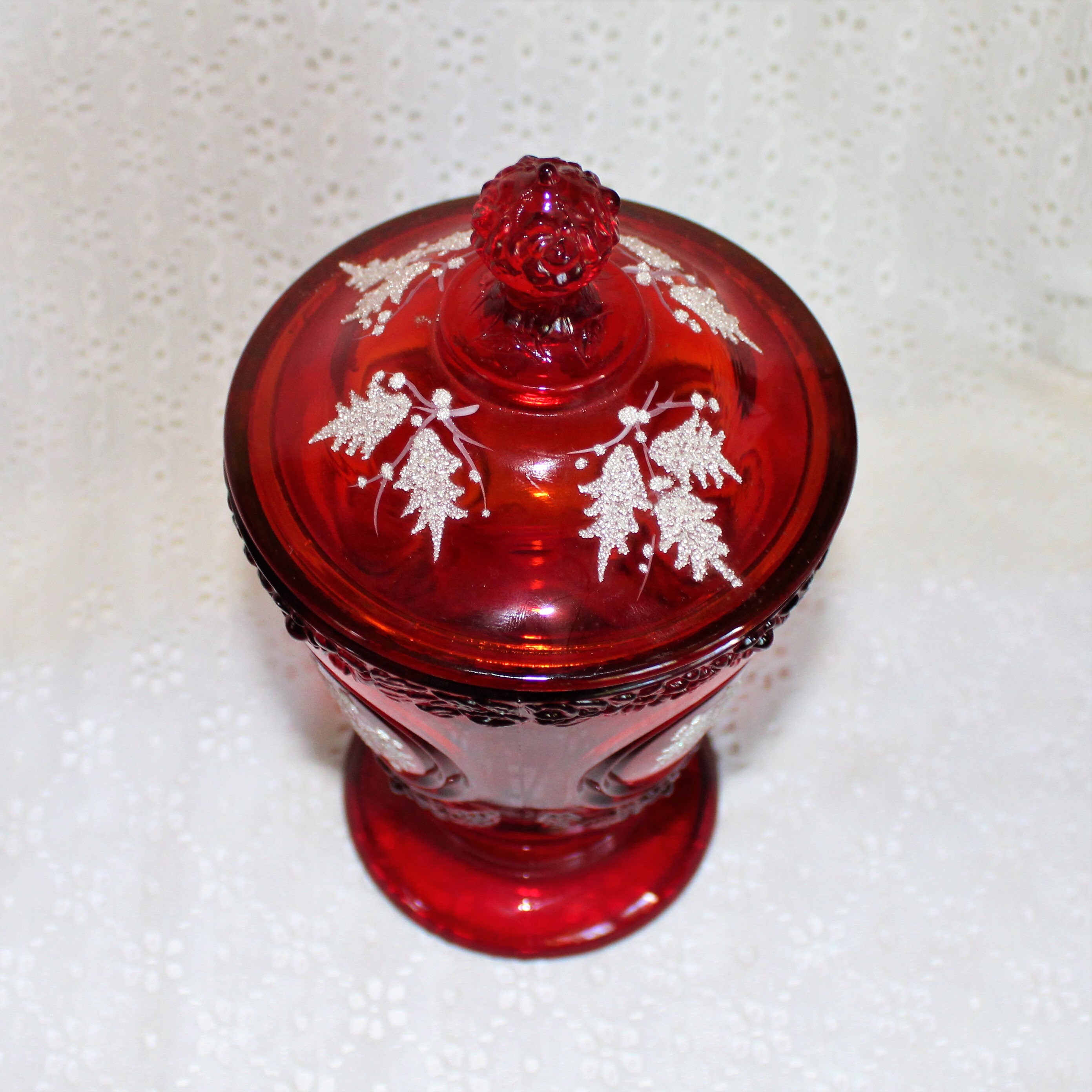 Vintage FENTON Ruby Red Glass Footed Compote With Hand Painted - Etsy