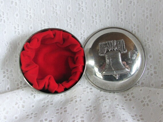 Vintage LIBERTY BELL Pewter Trinket Box with Red Velv… - Gem