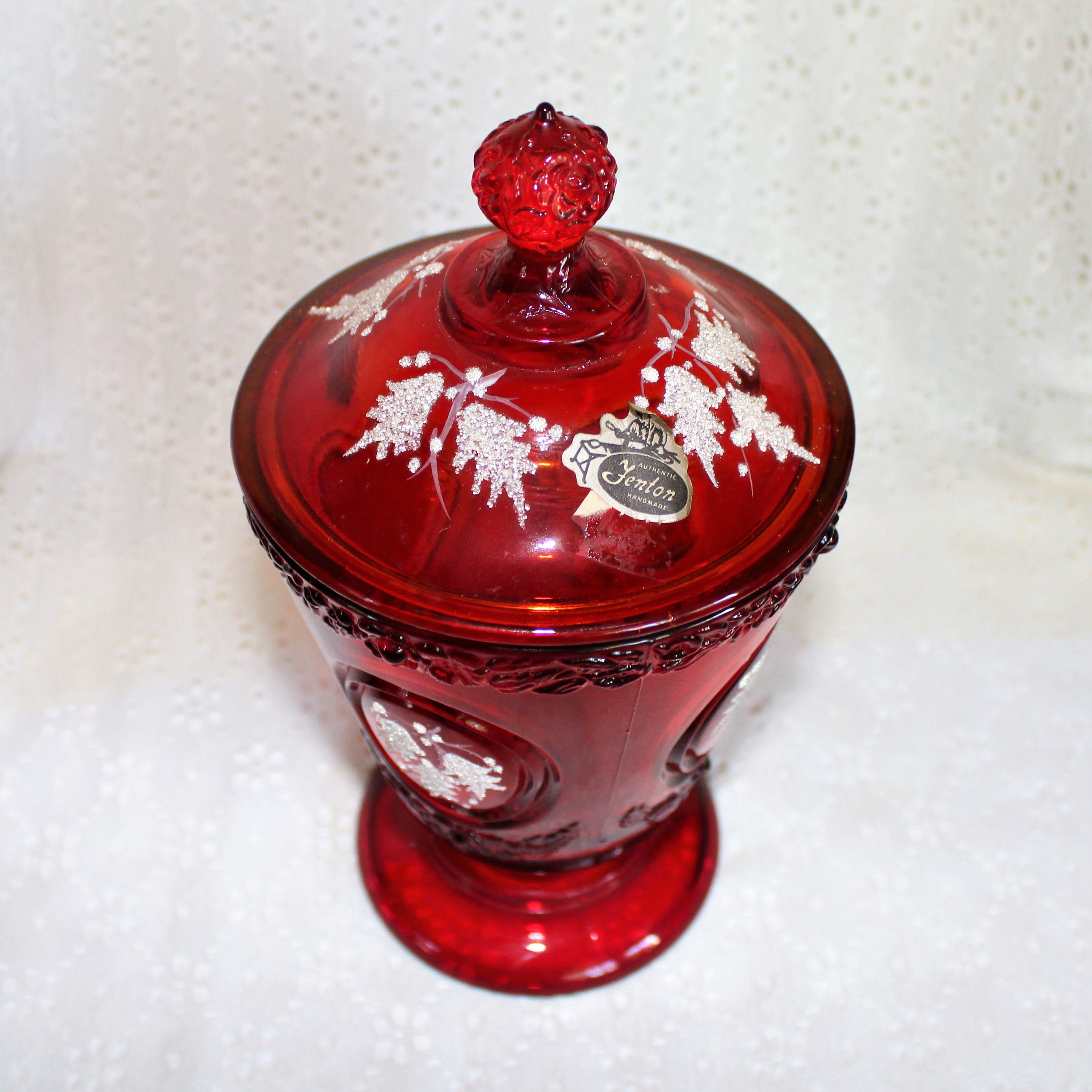 Vintage FENTON Ruby Red Glass Footed Compote With Hand Painted - Etsy