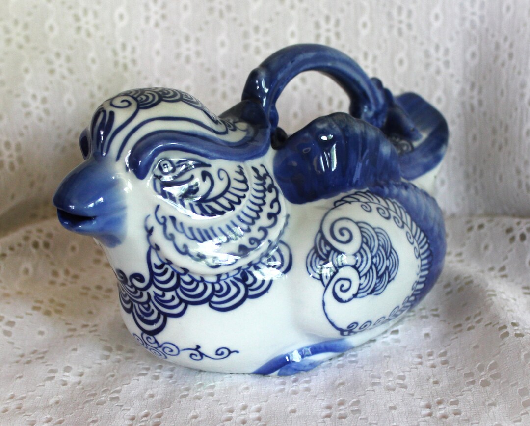Vintage Chinese Phoenix Bird Porcelain Blue and White Tea Pot/creamer ...