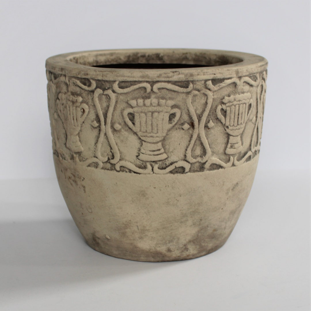 Vintage Stoneware Pottery Planter With Bas-relief Loving Cup Motif 5" X ...
