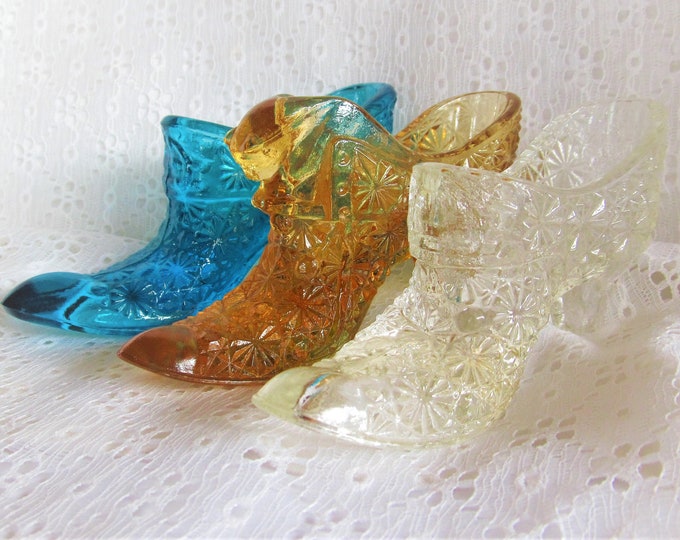 Vintage Fenton Starburst Daisy Pattern Glass Shoes - Blue, Amber, and ...
