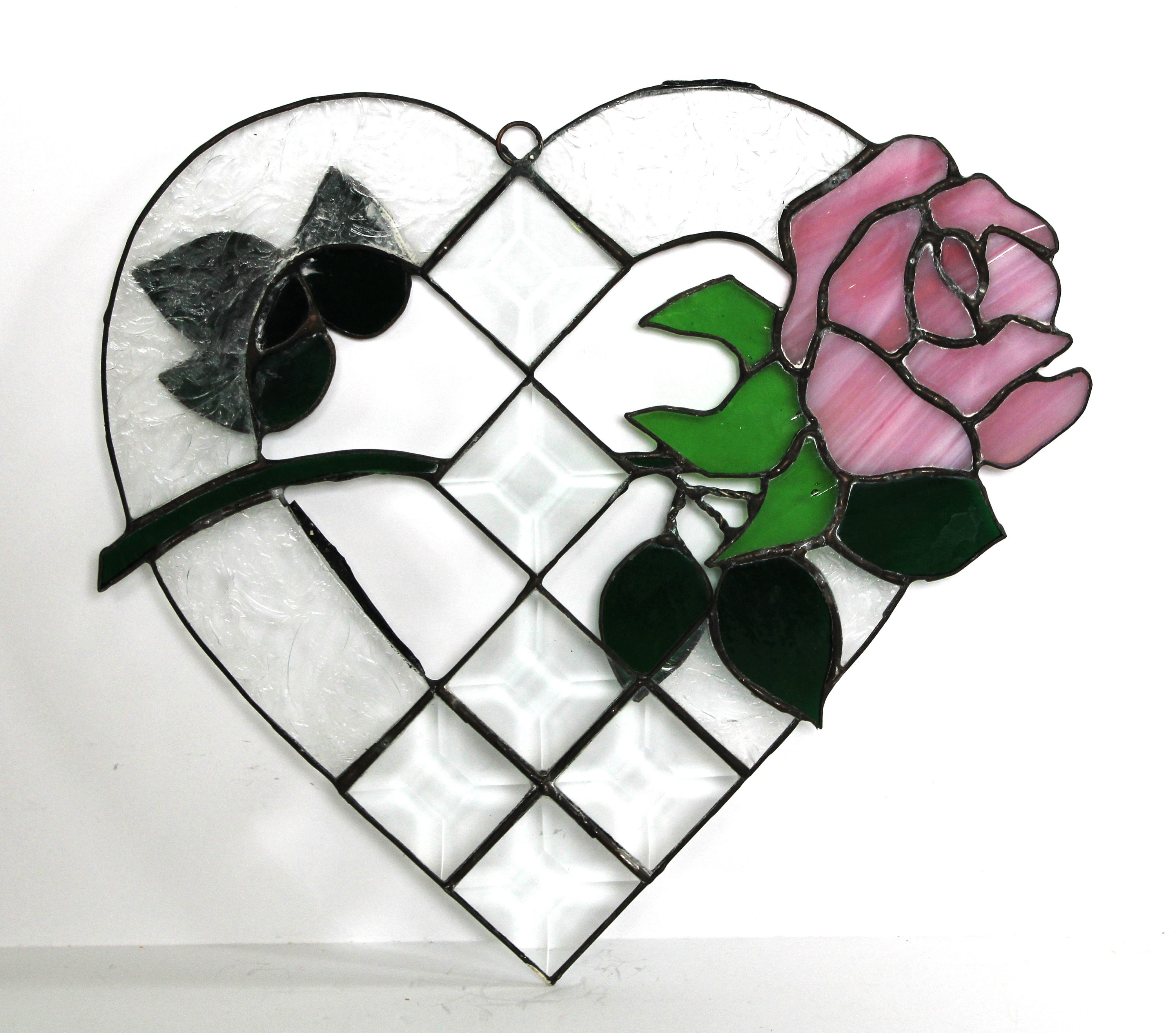 Vintage Stained Glass Rose Heart Shaped W/faceted & Frosted Clear Glass ...