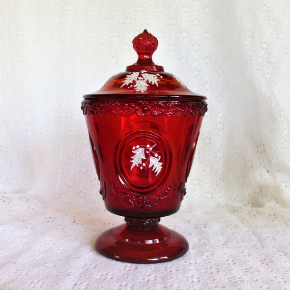 Vintage FENTON Ruby Red Glass Footed Compote With Hand Painted - Etsy
