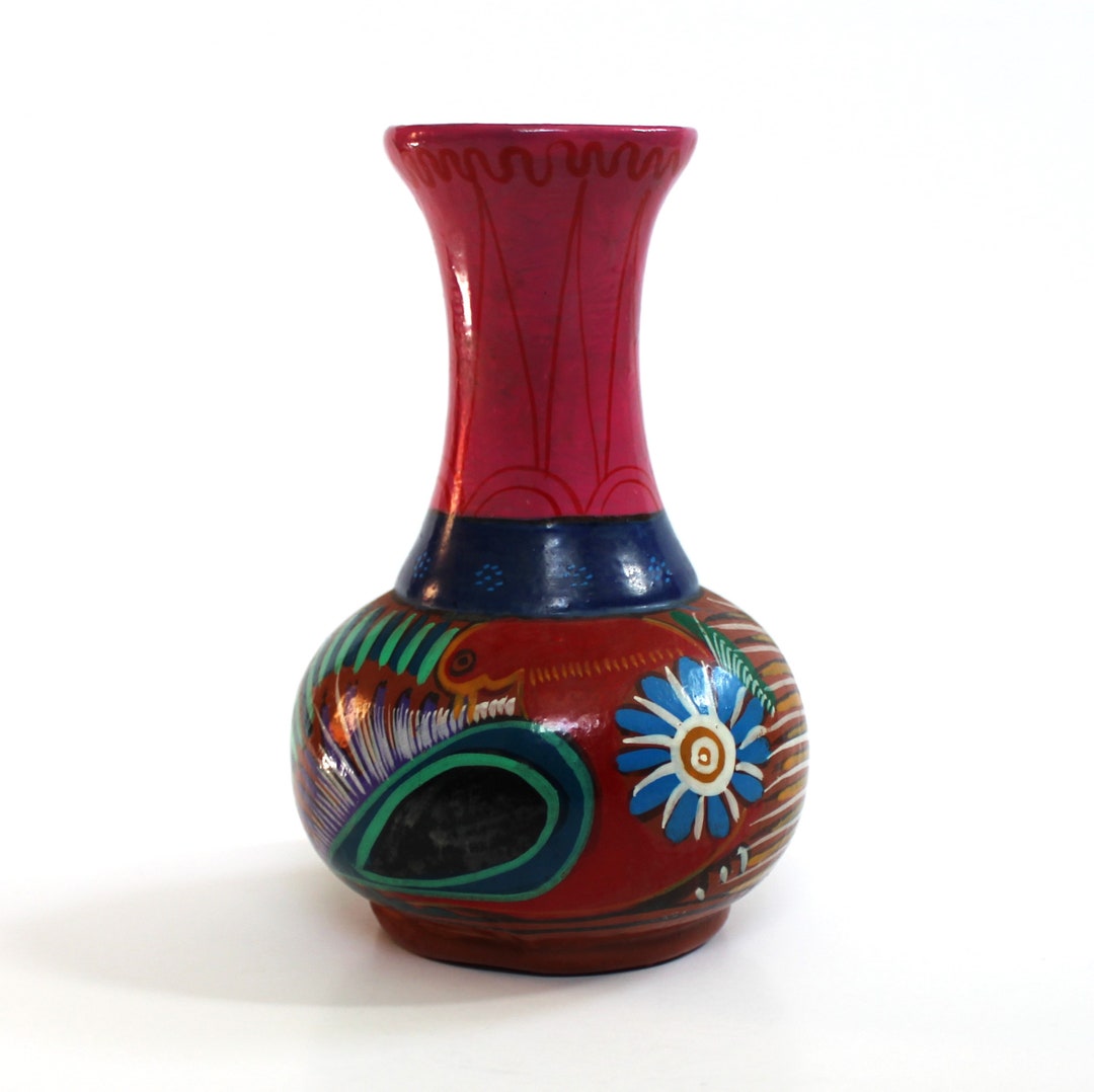 Vintage Mexican Red Clay Pottery Vase Hand Painted Folk Art Colorful ...