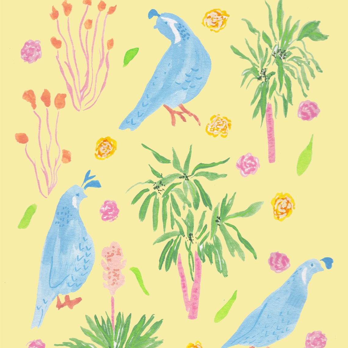 Yucca Valley Joshua Tree Quail and Yucca, Ocotillo Art Print, Gouache ...