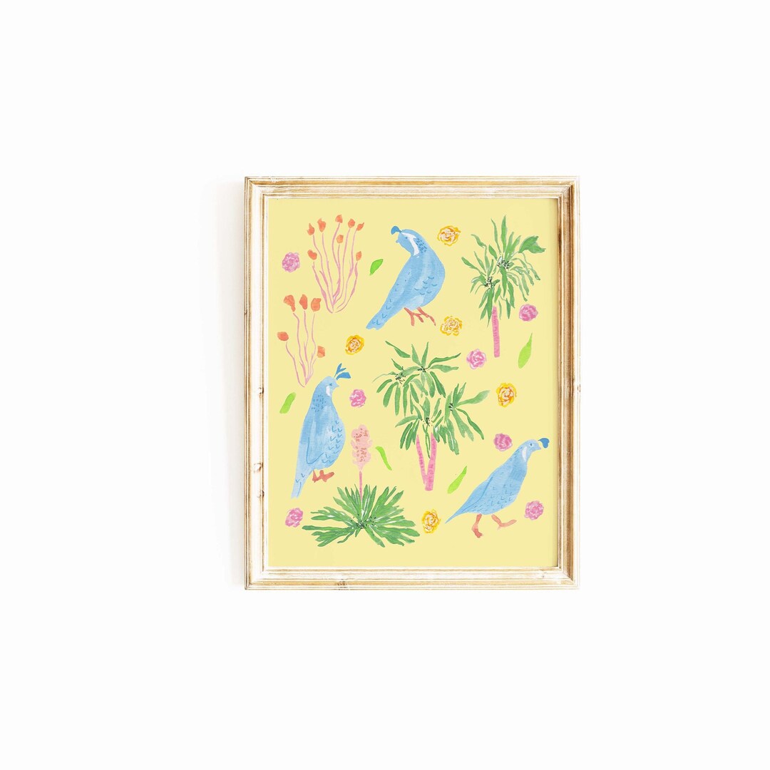 Yucca Valley Joshua Tree Quail and Yucca, Ocotillo Art Print, Gouache ...