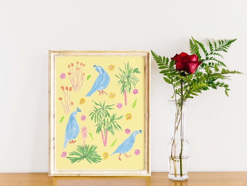 Yucca Valley Joshua Tree Quail and Yucca, Ocotillo Art Print, Gouache ...