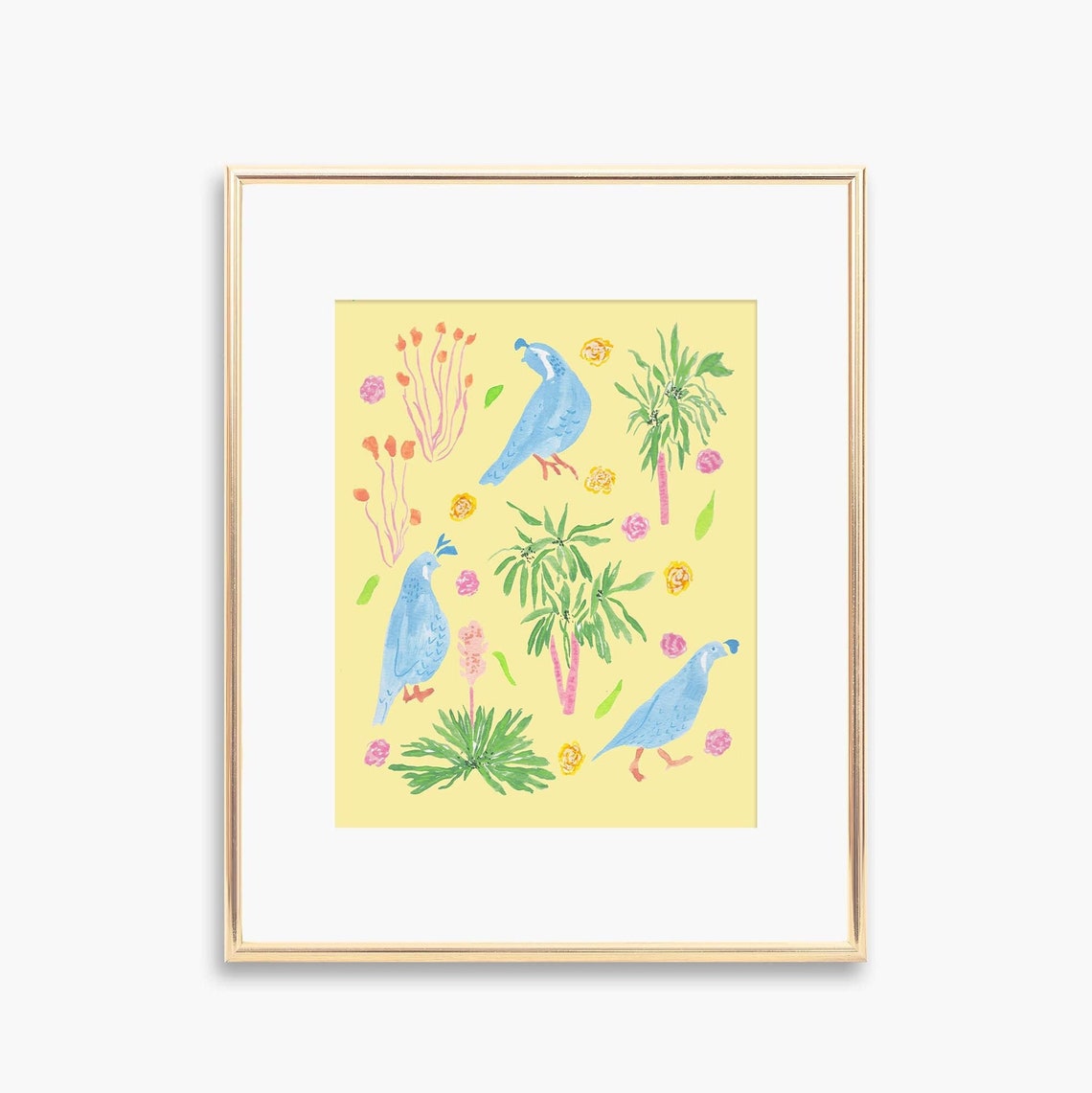 Yucca Valley Joshua Tree Quail and Yucca, Ocotillo Art Print, Gouache ...