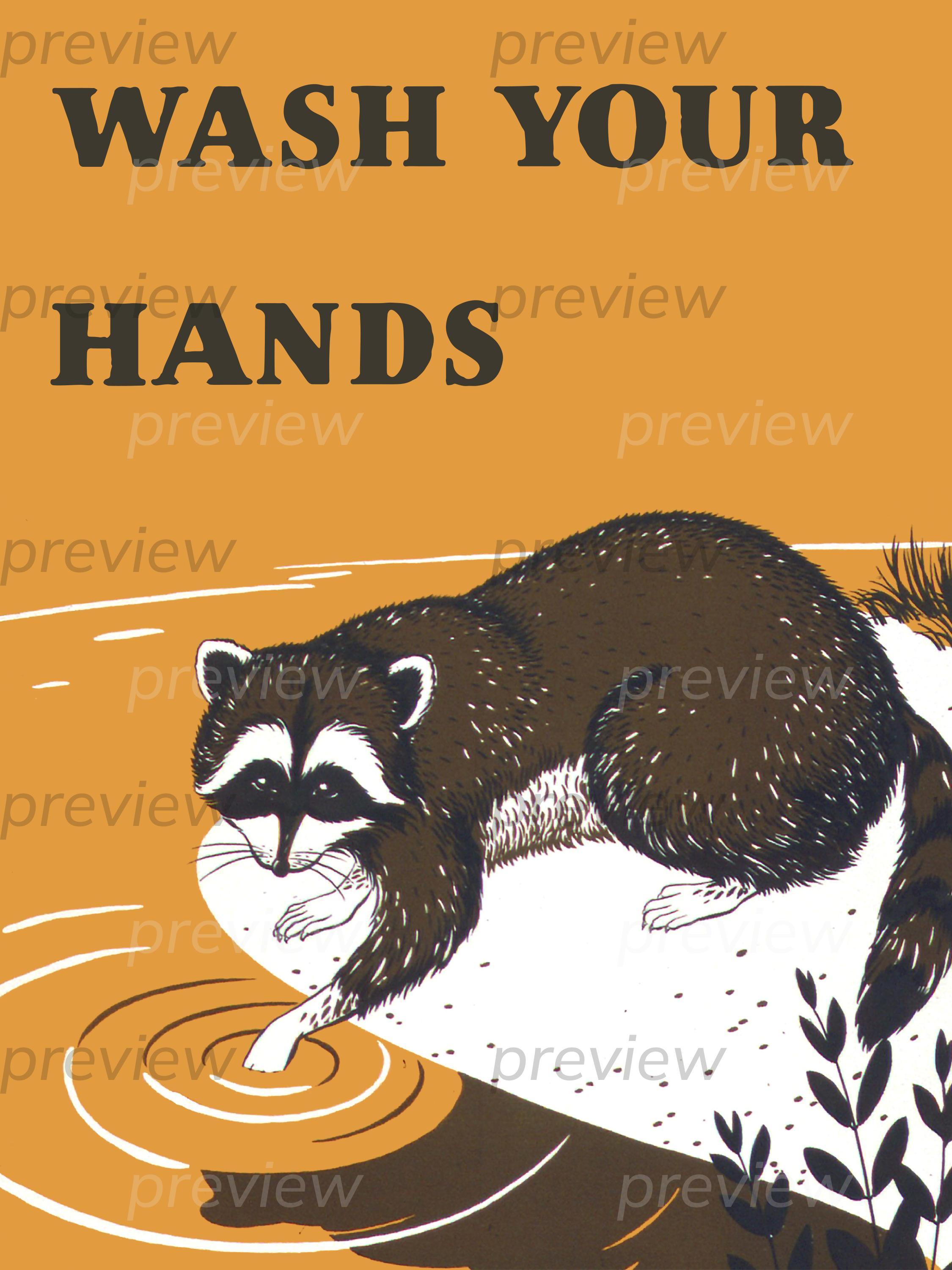 Wash Your Hands Raccoon Hygiene Poster Digital Download Art for ...