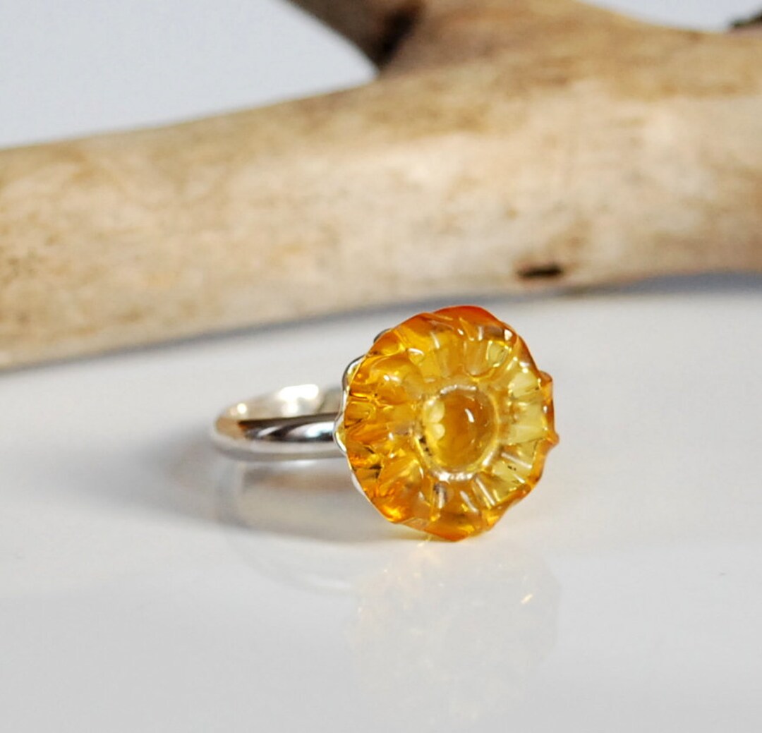 Amber Flower Ring Hand Carved Baltic Amber Sterling Silver - Etsy