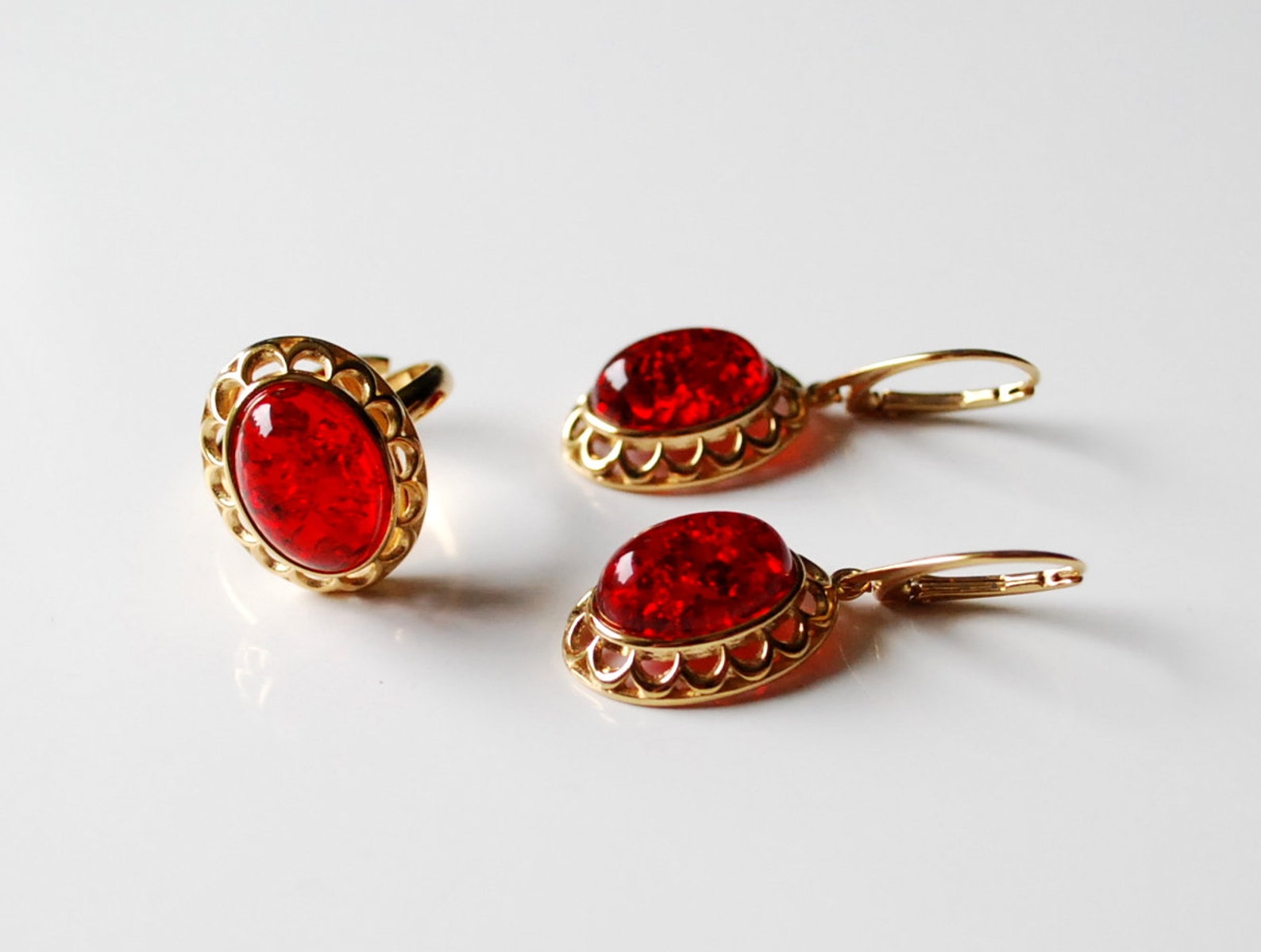 Gold Plated Sterlig Silver And Red Baltic Amber Ring Red | Etsy