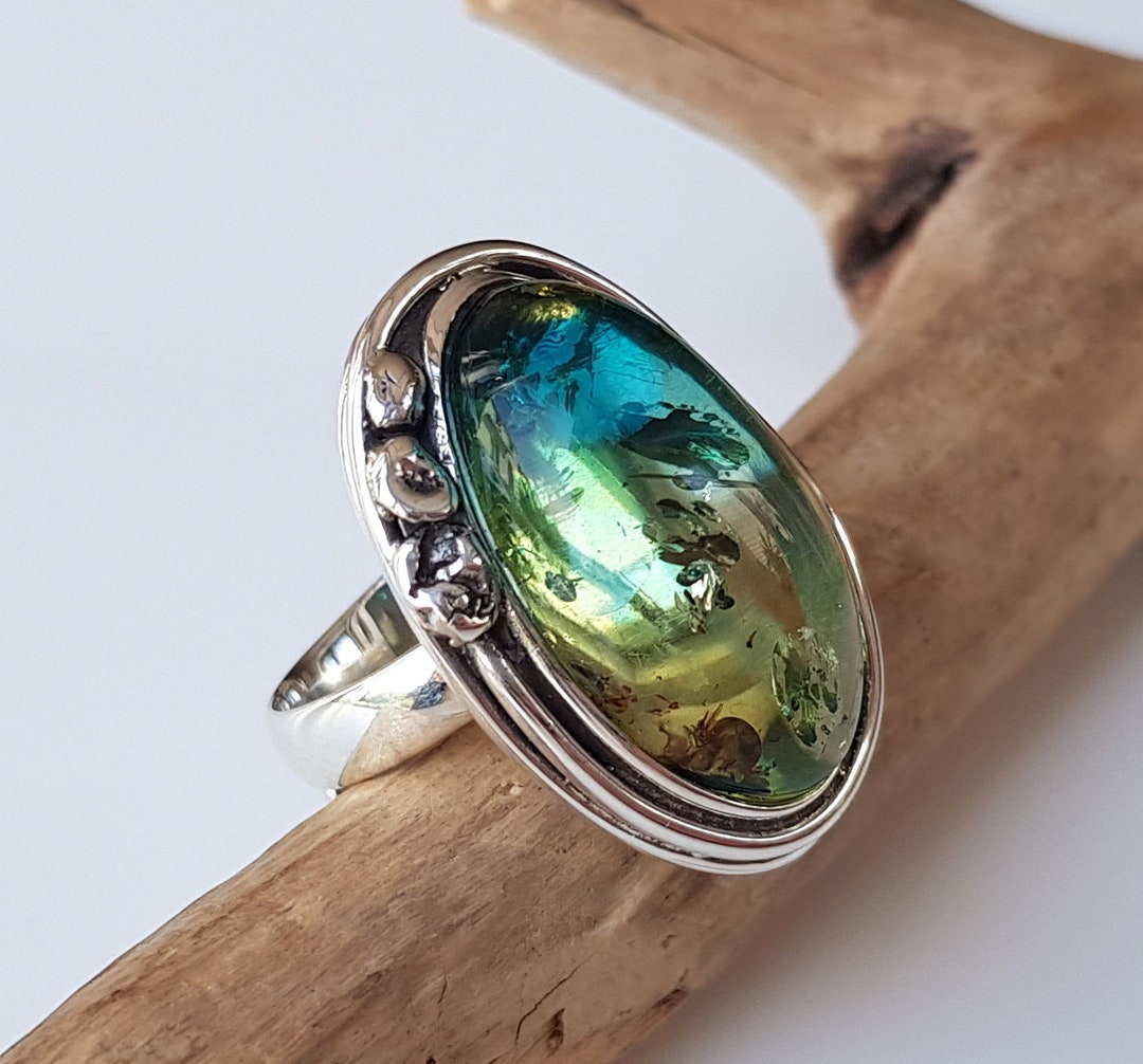 Splendid, Blue Ombre Amber and Sterling Silver Ring, Stunning Amber ...