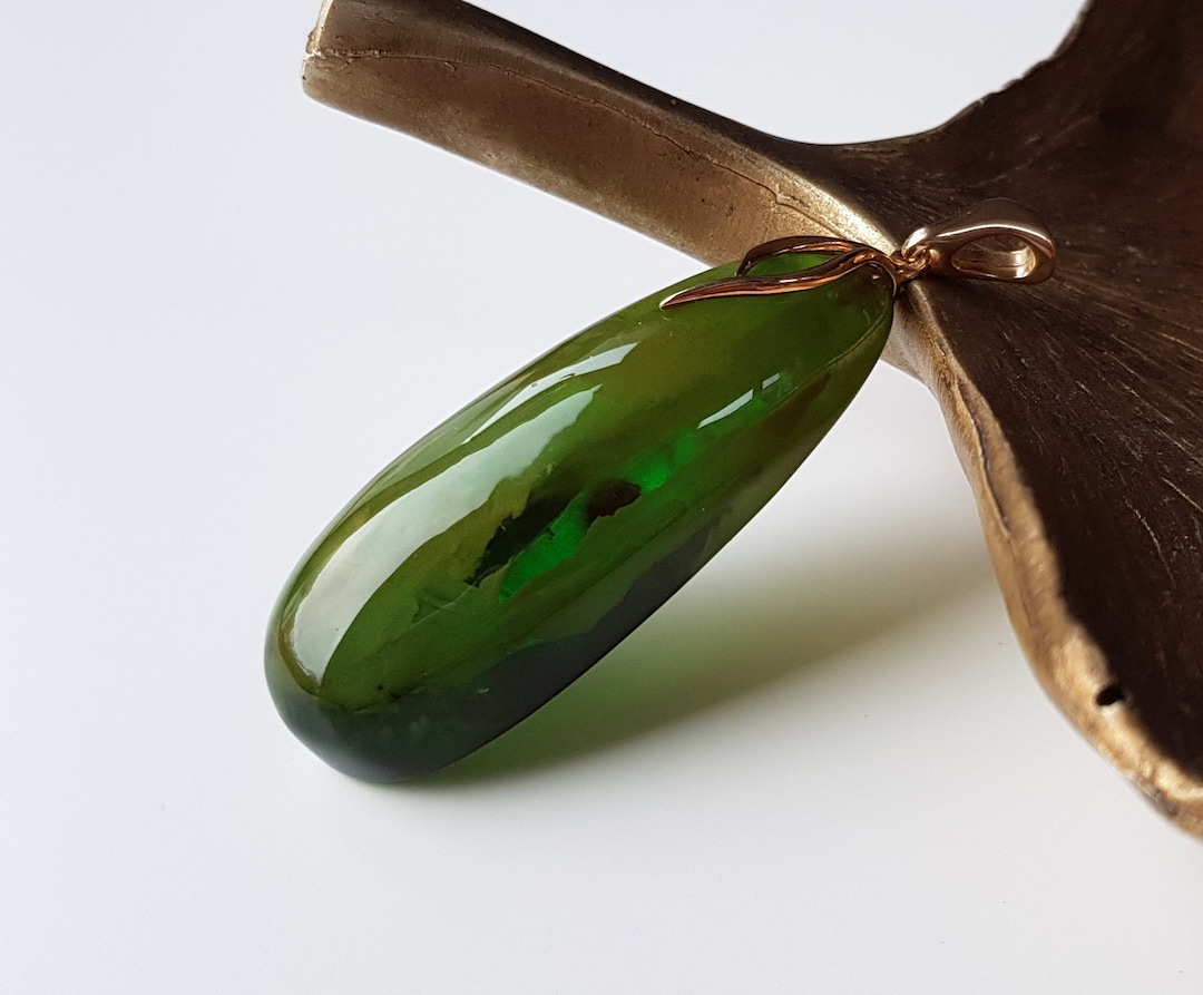 Dark Green Baltic Amber Pendant, Huge Amber and Gold-plated Silver ...