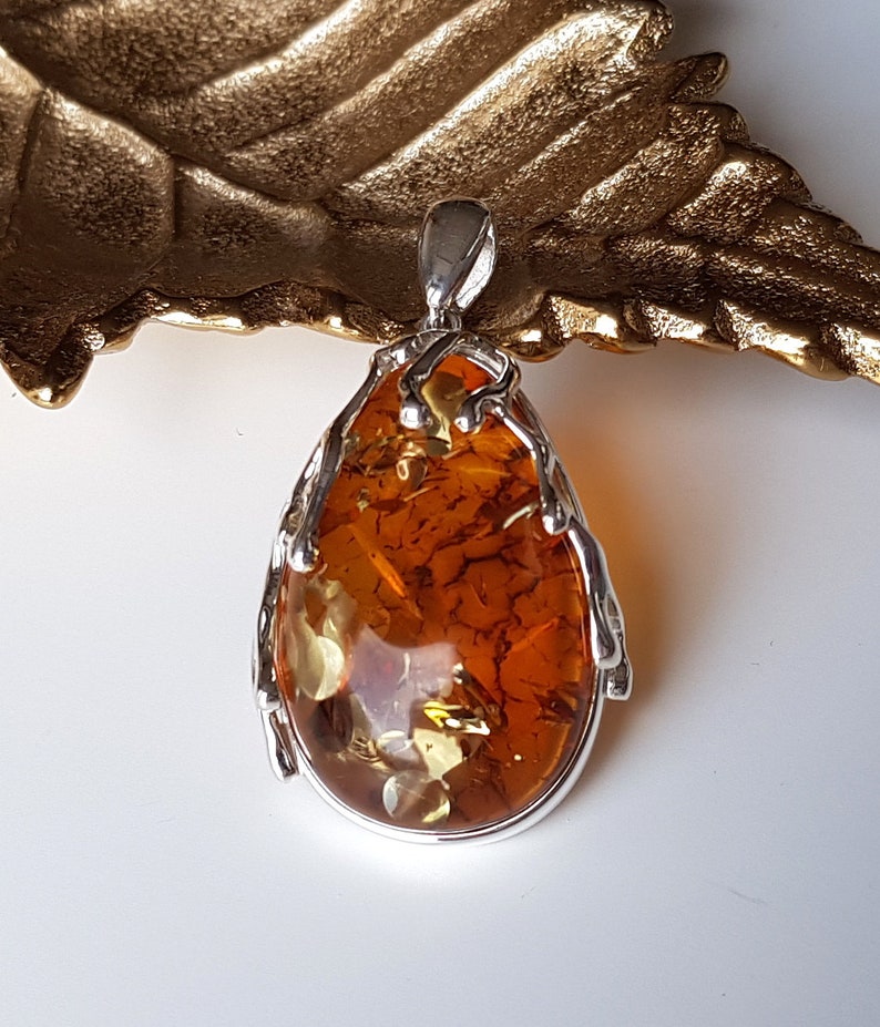 Shiny Golden Baltic Amber Pendant, Large Amber Sterling Silver Pendant ...
