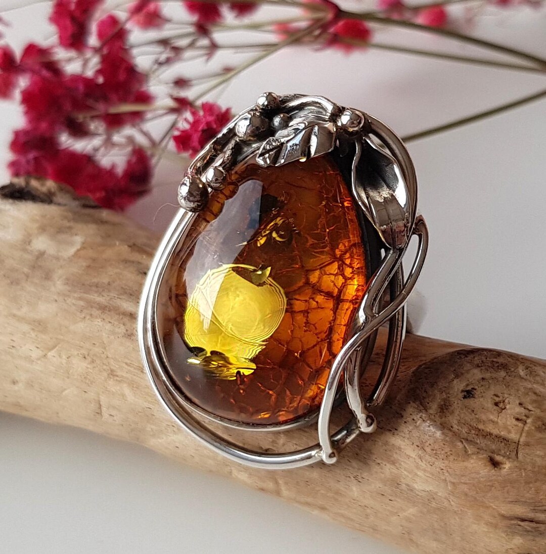 Huge Baltic Amber Ring, Natural, Golden Amber and Sterling Silver ...