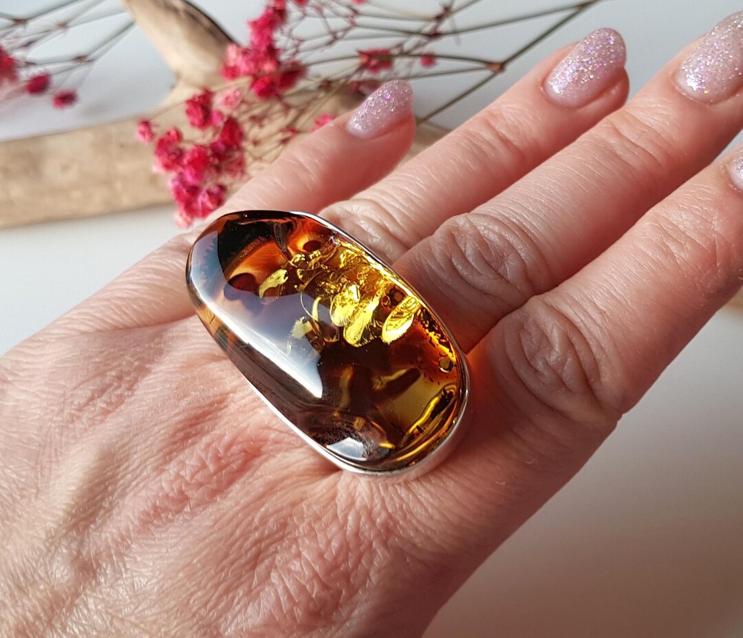 Large Baltic Amber Ring, Brown and Golden Amber Ring, Huge Amber and ...