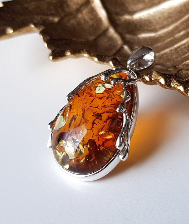 Shiny Golden Baltic Amber Pendant, Large Amber Sterling Silver Pendant ...