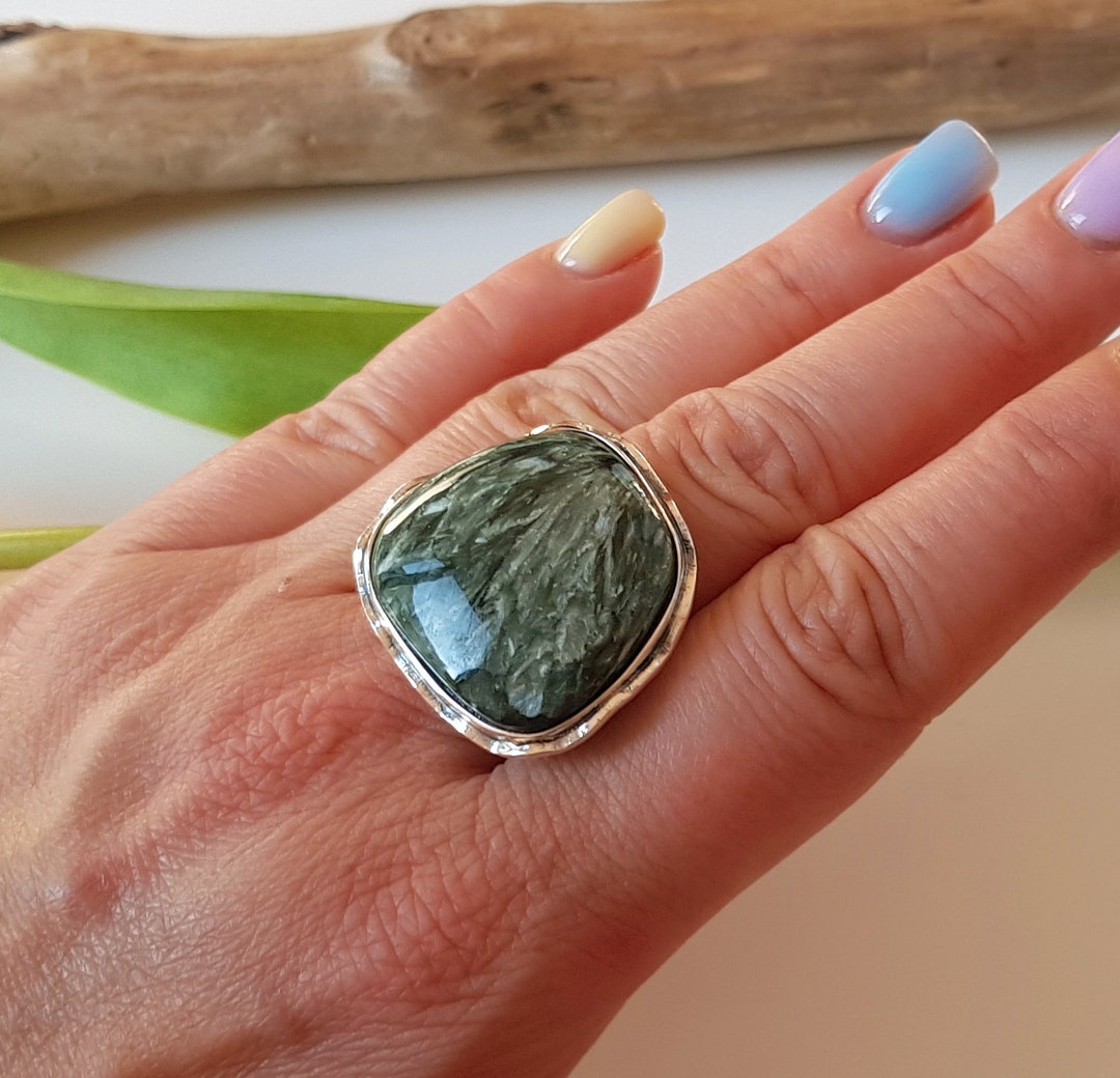 Large, Handmade Silver Ring With Natural Seraphinite Stone, Gemstone and Sterling Silver Ring ...