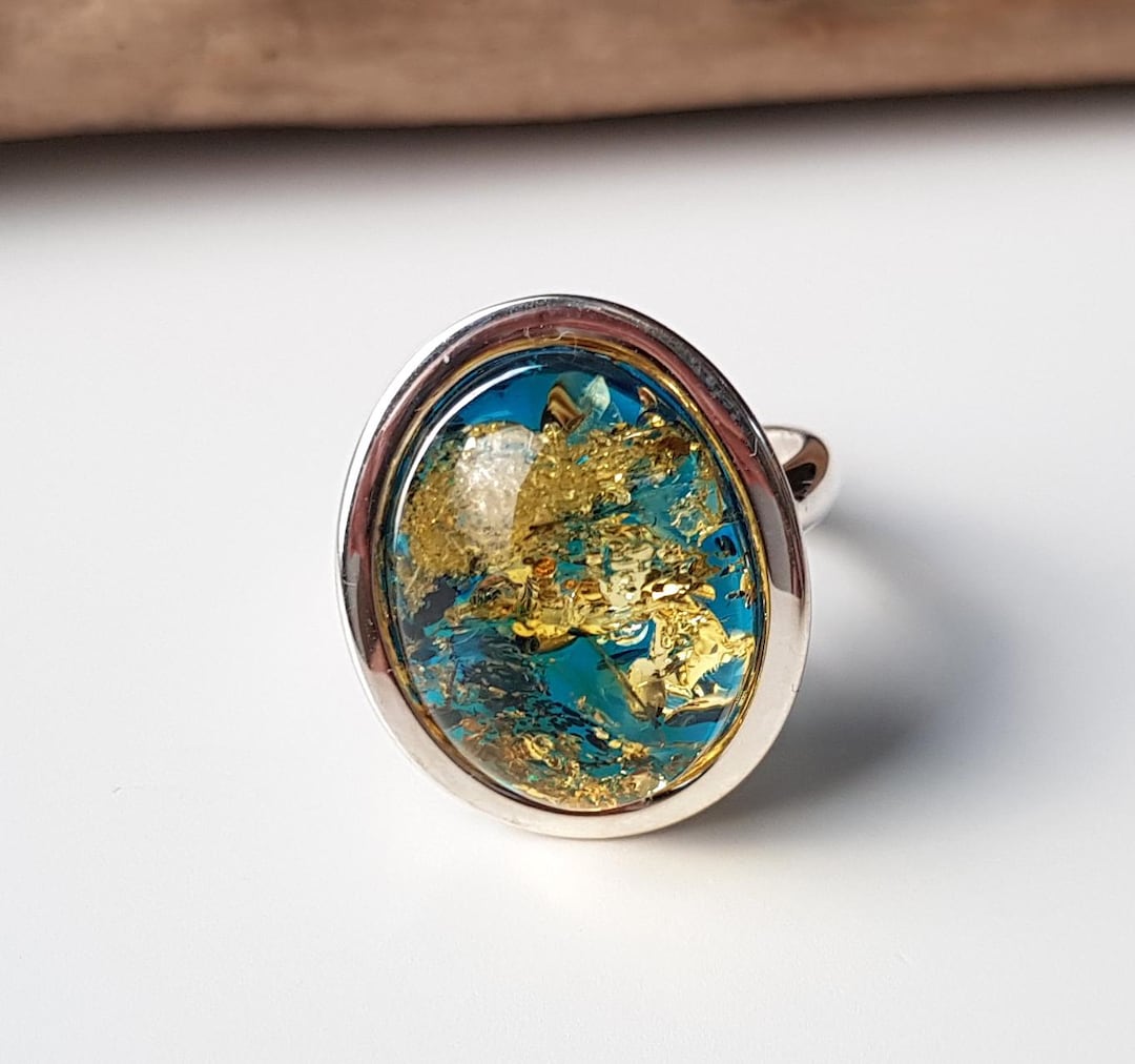 Shiny Blue Baltic Amber Ring, Amber and Silver Adjustable Ring, Baltic ...