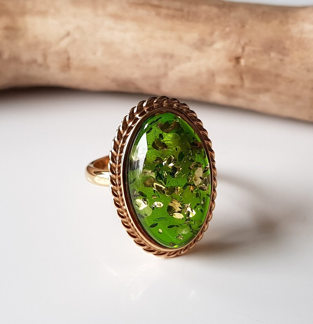 Green Baltic Amber Ring With Gold Glitters, Natural Amber and Gold ...