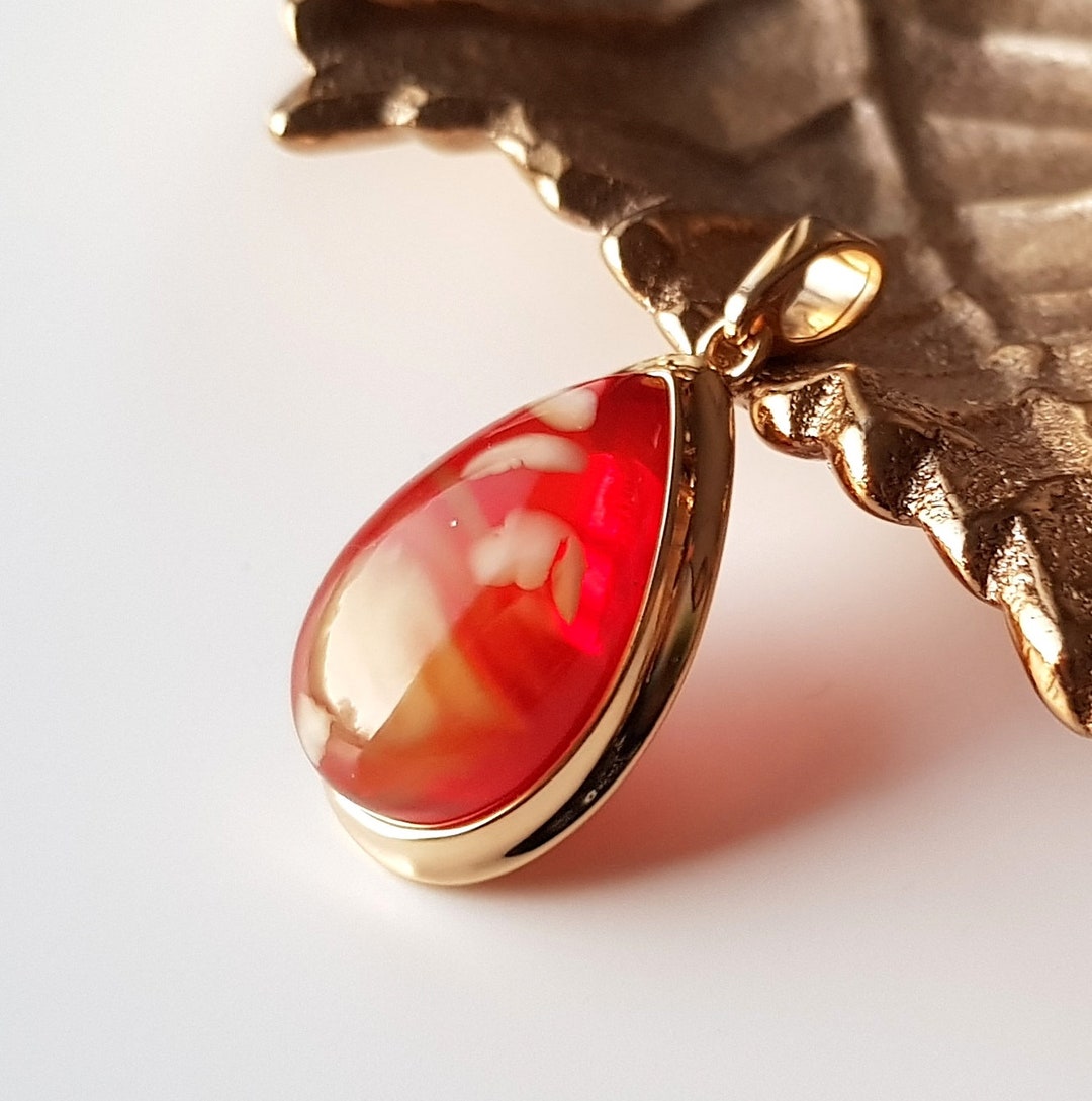 Cloudy Red Baltic Amber Pendant, Red Amber and Gold-plated Silver ...