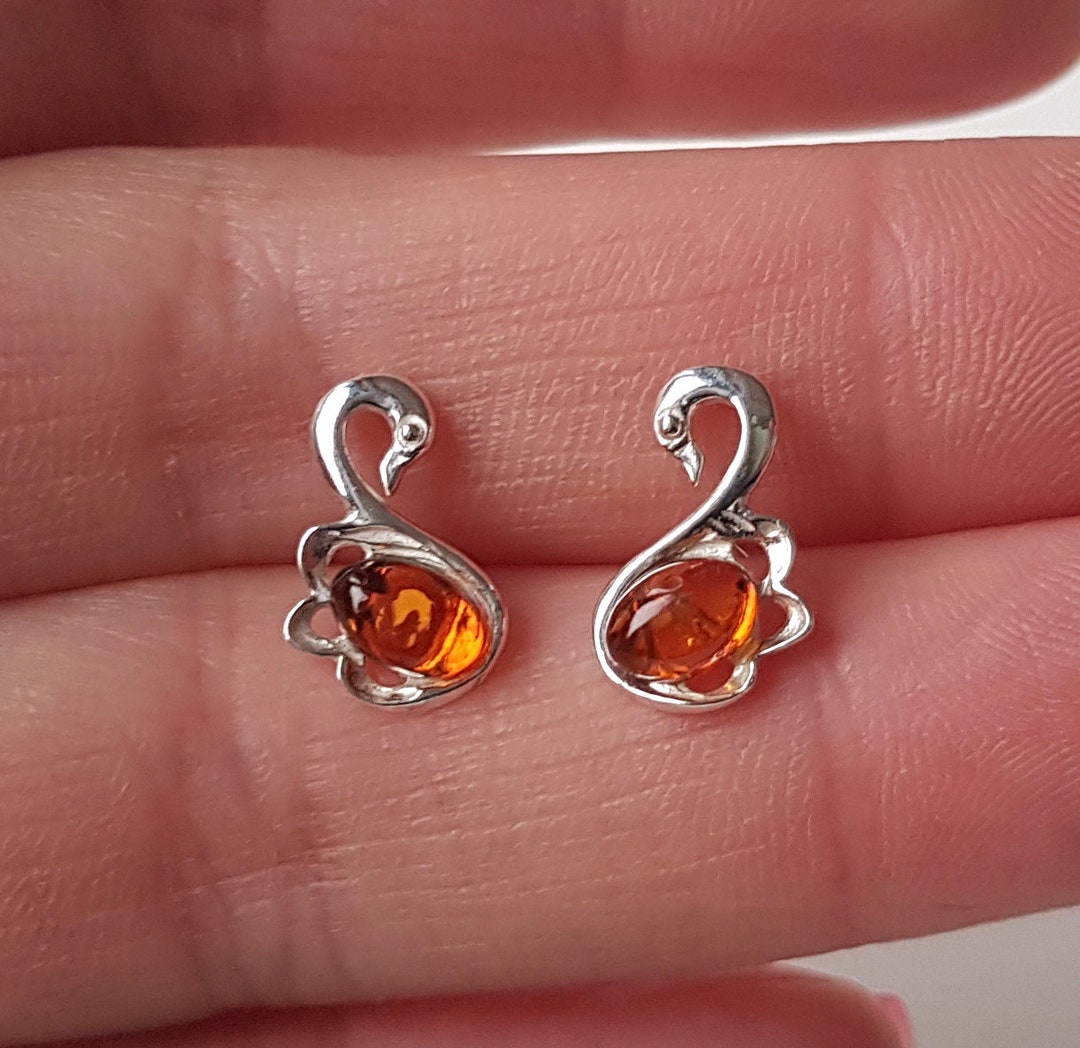 Dainty Amber Swan Stud Earrings, Amber and Silver Stud Earrings, Amber ...