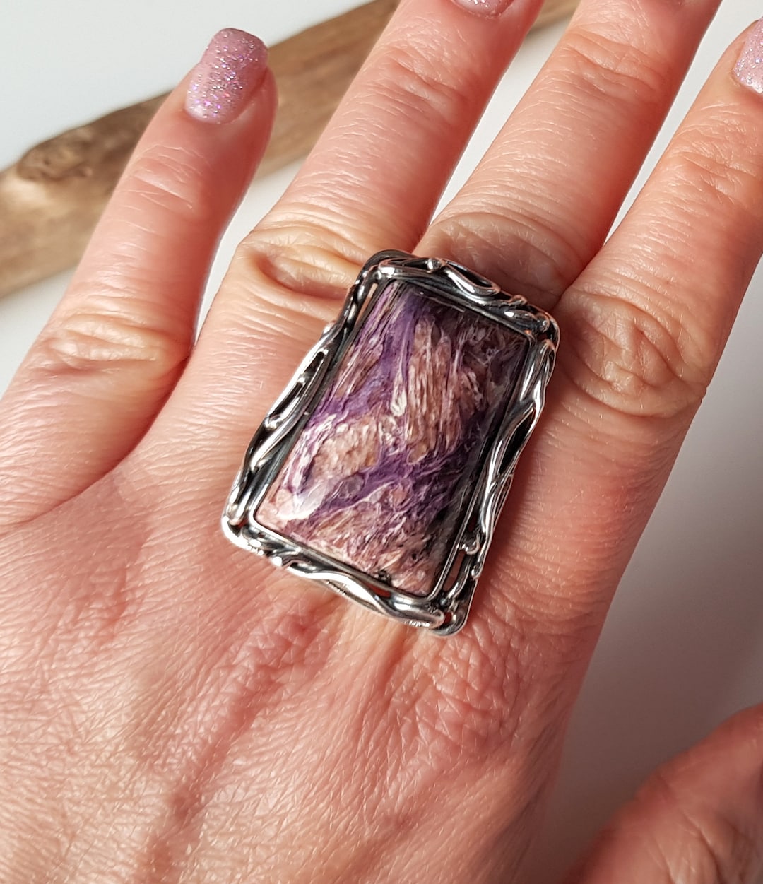 Large, Handmade Silver Ring With Natural Charoite Stone, Gemstone and ...