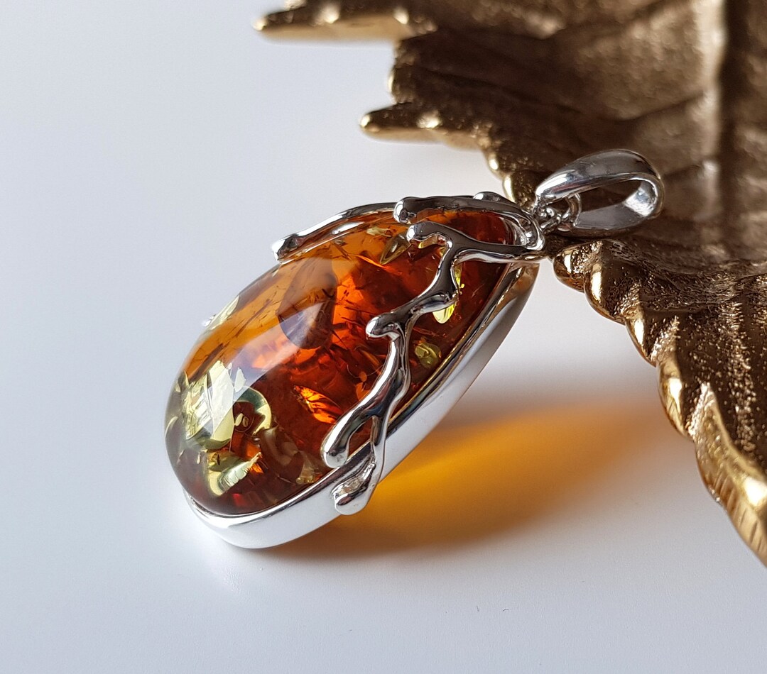 Shiny Golden Baltic Amber Pendant, Large Amber Sterling Silver Pendant ...