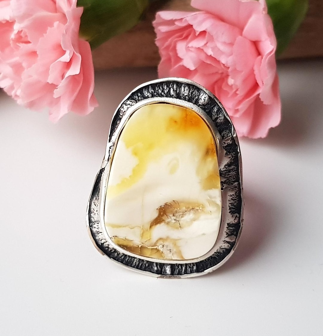White Baltic Amber Ring, Rare Amber Color, Amber and Sterling Silver ...