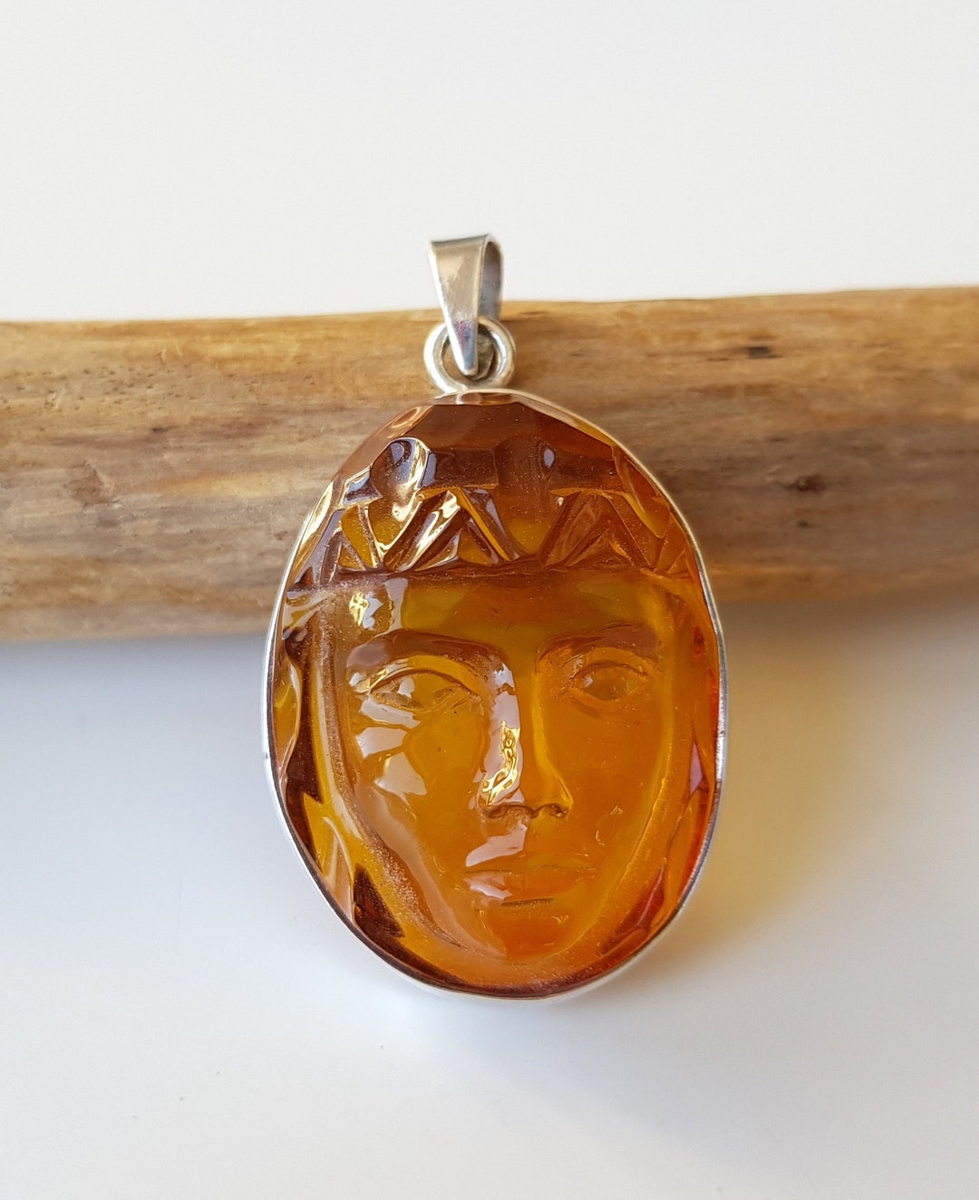 Large Vintage Amber Face Pendant, Hand Carved Baltic Amber Sterling ...