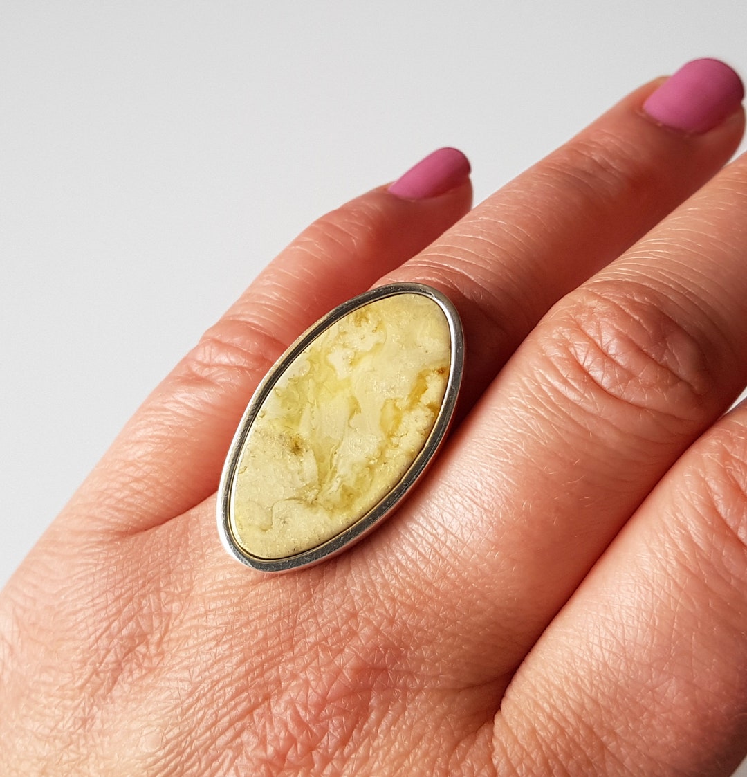 White Baltic Amber Ring, Solid Amber and Silver Ring, Amber and ...