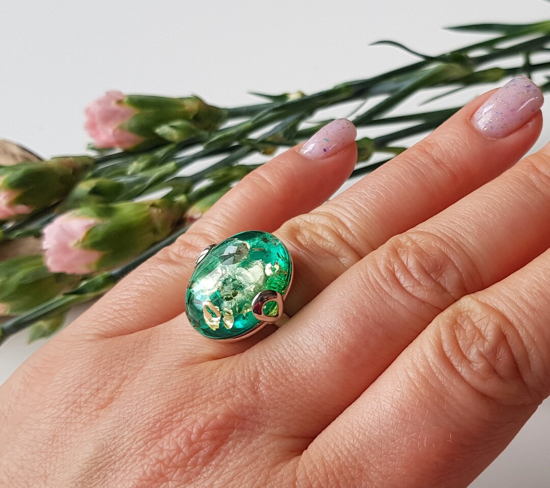 Blue Turquoise Baltic Amber Ring With Shiny Gold Sparkles, Adjustable ...