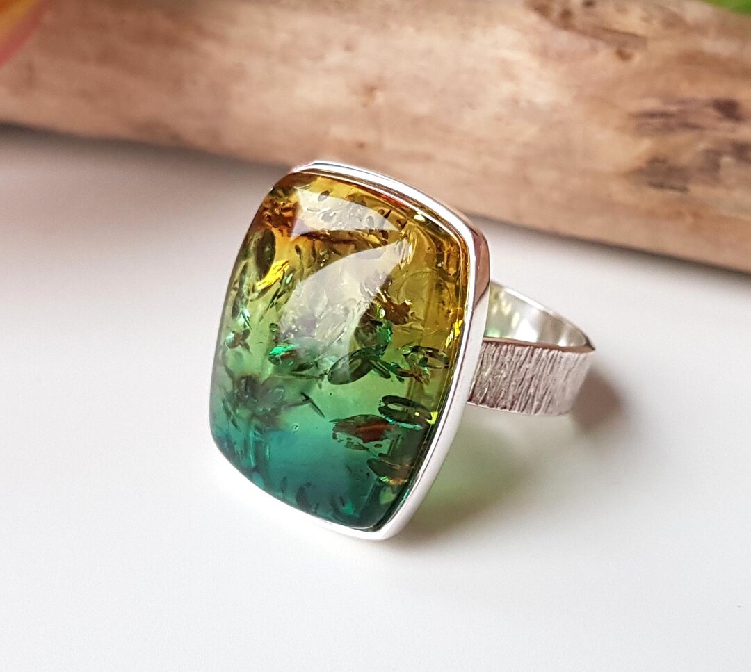 Splendid, Blue-green Ombre Amber and Silver Ring, Stunning Amber Ring ...
