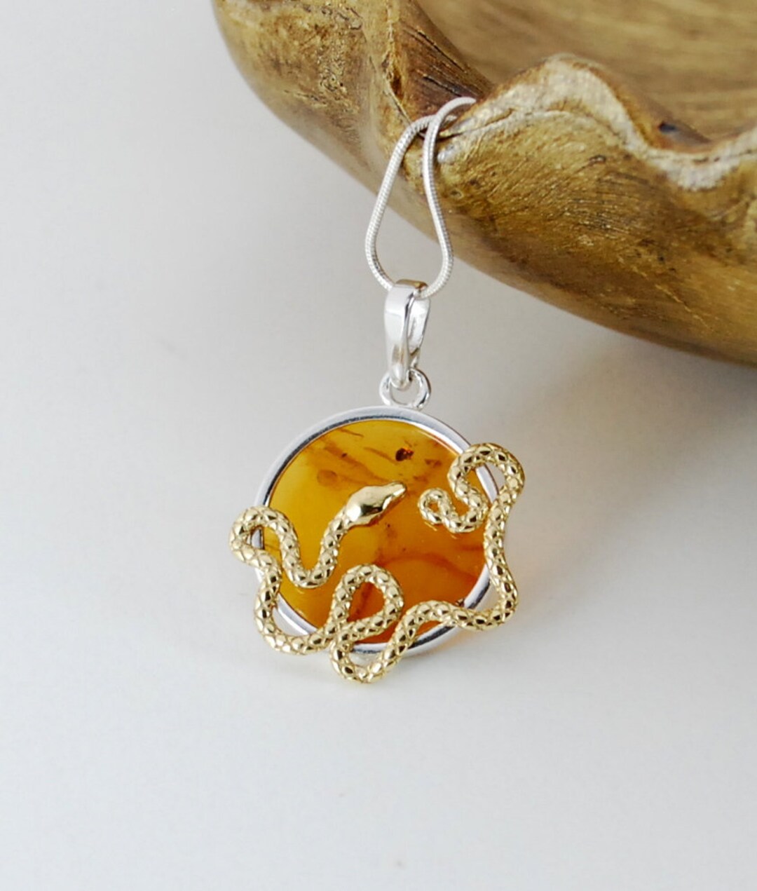 Baltic Amber Snake Pendant, Amber, Sterling Silver and Gold-plated ...