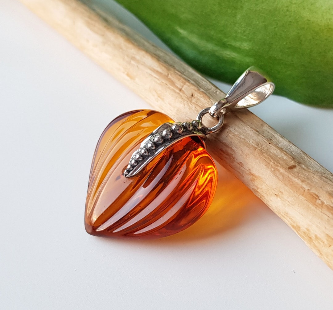 Amber Heart Pendant, Grooved Amber Heart, Cognac Amber Pendant, Amber ...