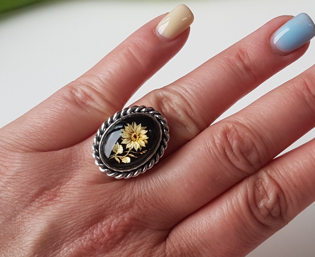 Amber Sunflower Cameo Ring, Hand Carved Baltic and Amber Sterling ...
