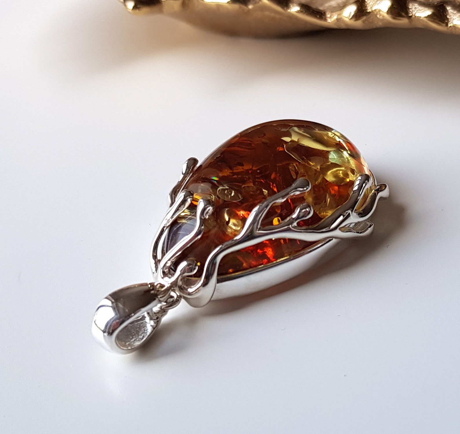 Shiny Golden Baltic Amber Pendant, Large Amber Sterling Silver Pendant ...