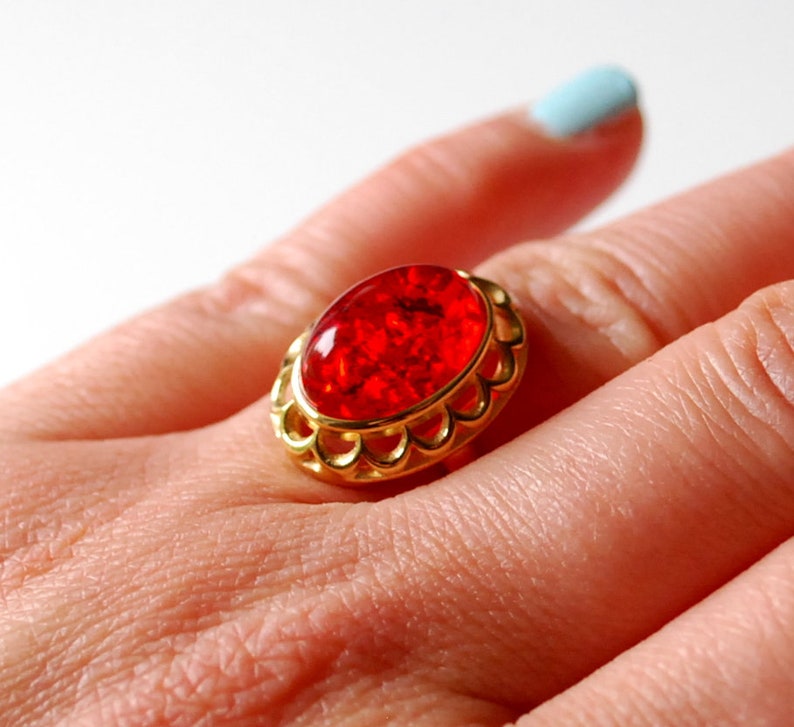 Gold Plated Sterlig Silver and Red Baltic Amber Ring Red - Etsy