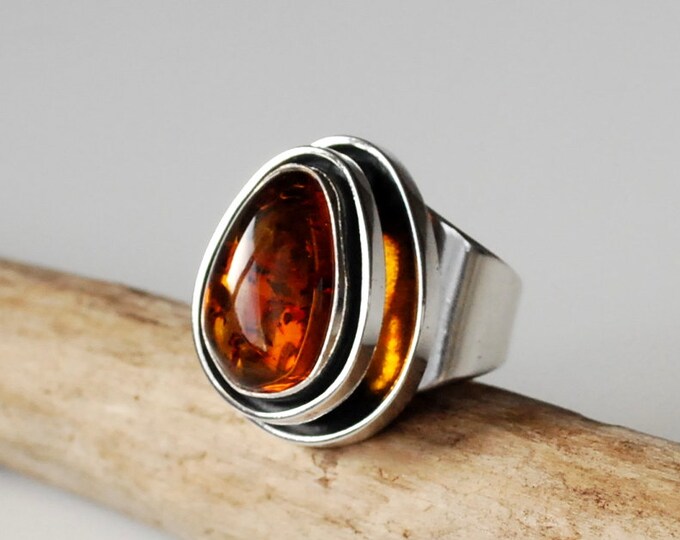 Modern Amber Ring, Beautiful Cognac Amber Ring, Amber and Sterling ...