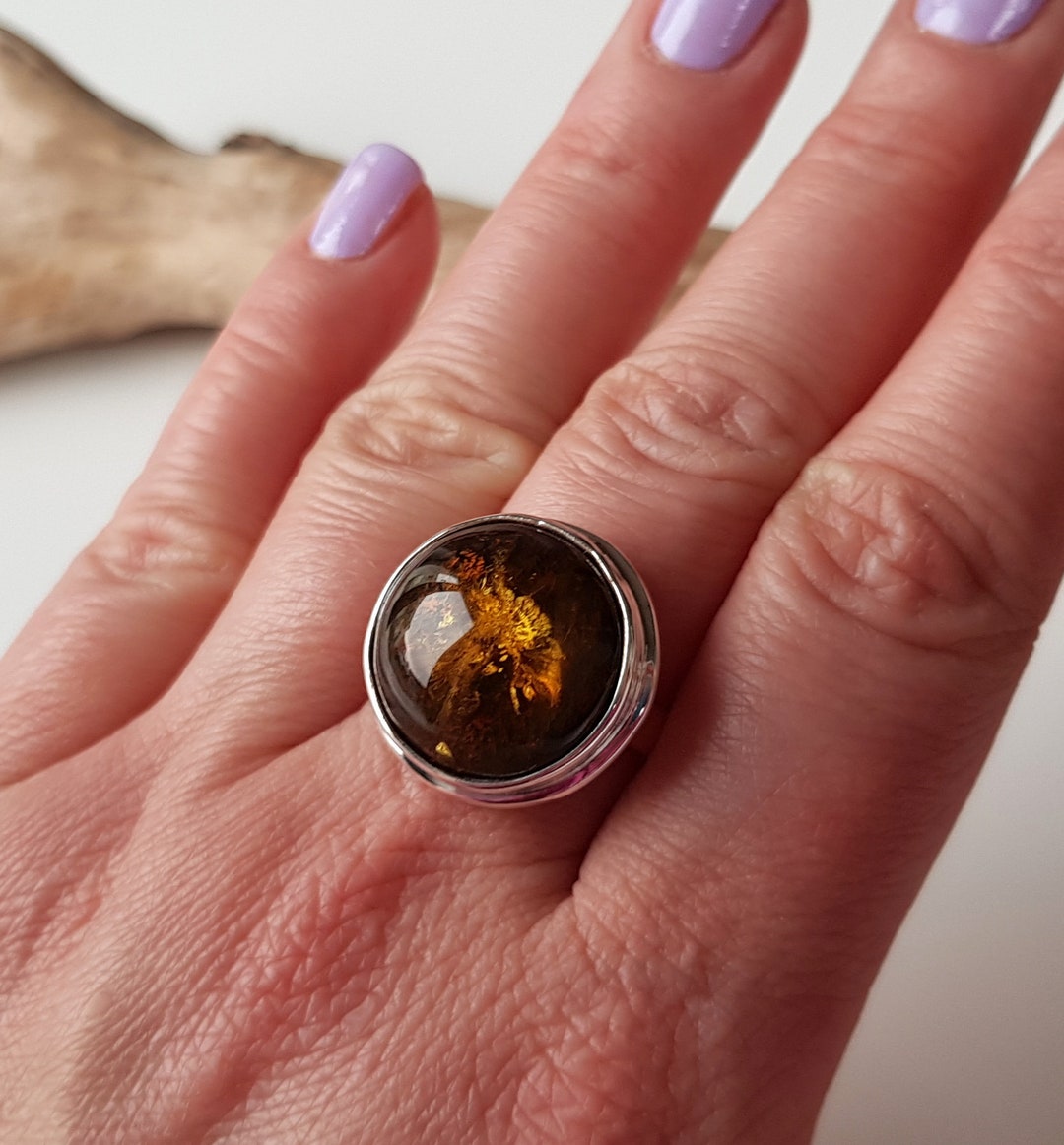 Fiery Baltic Amber Ring, Round Amber Ring, Amber and Sterling Silver ...