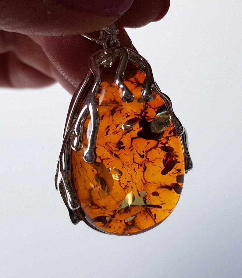 Shiny Golden Baltic Amber Pendant, Large Amber Sterling Silver Pendant ...