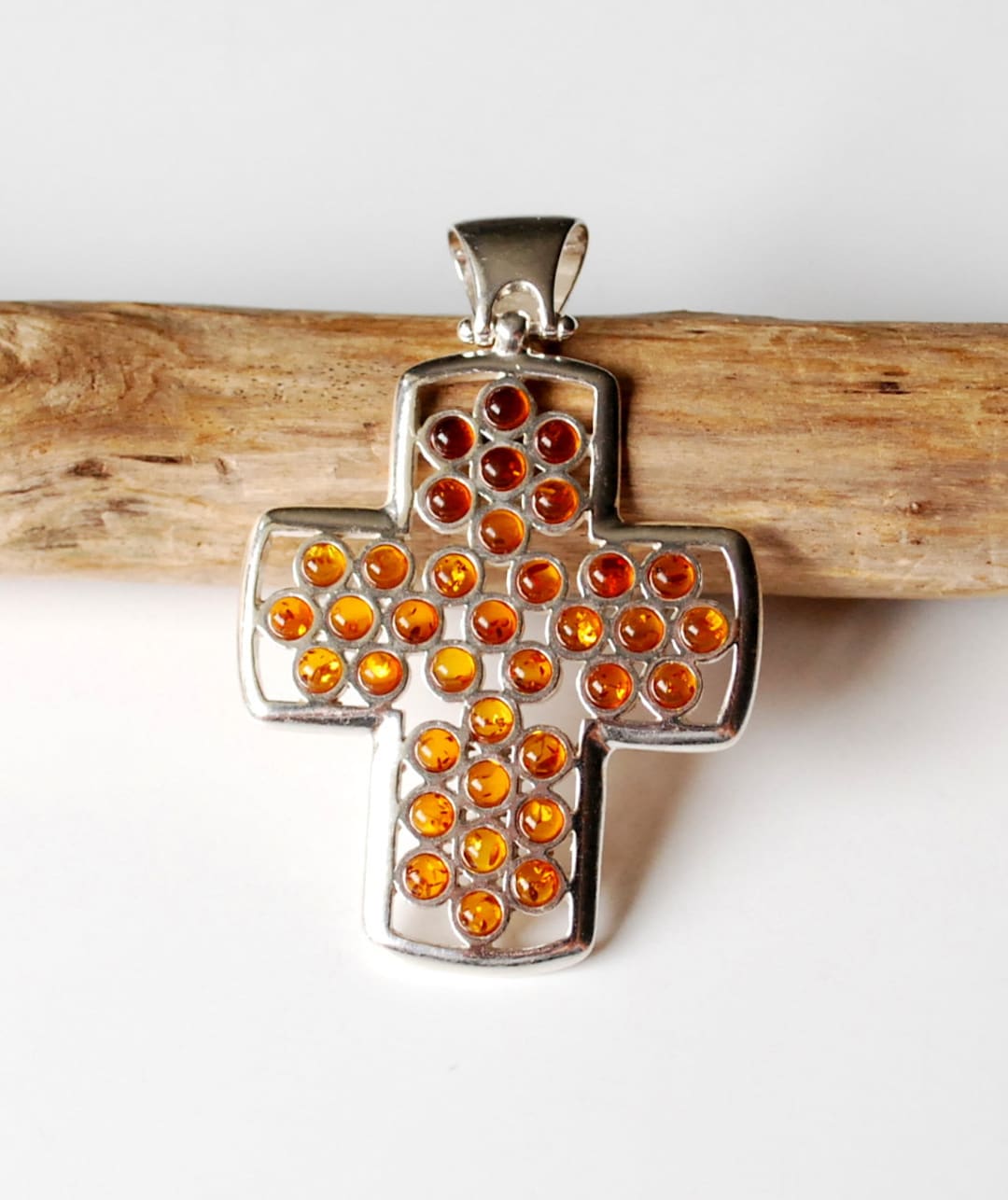 Large Baltic Amber Cross Pendant, Cognac Amber and Sterling Silver ...