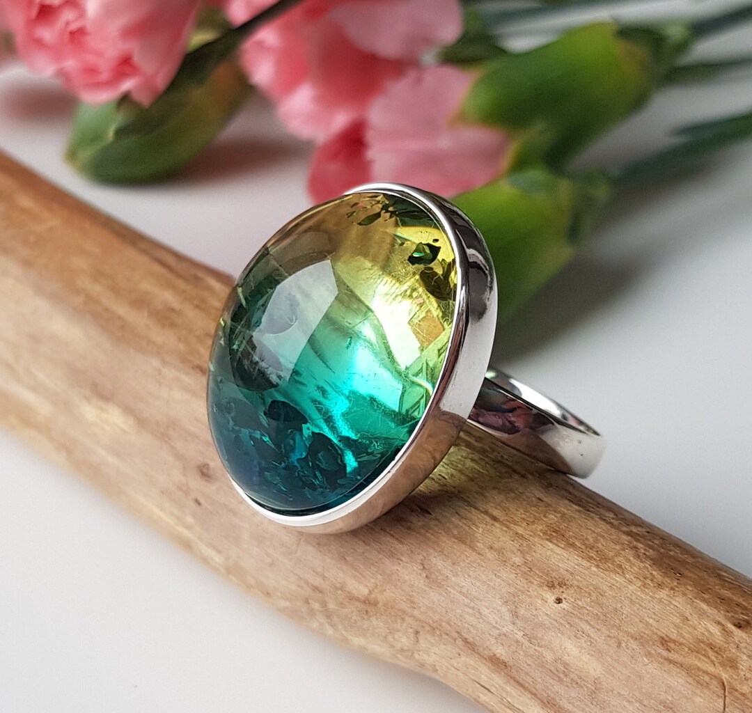 Blue Ombre Amber and Sterling Silver Ring, Stunning Amber Ring, Shaded ...