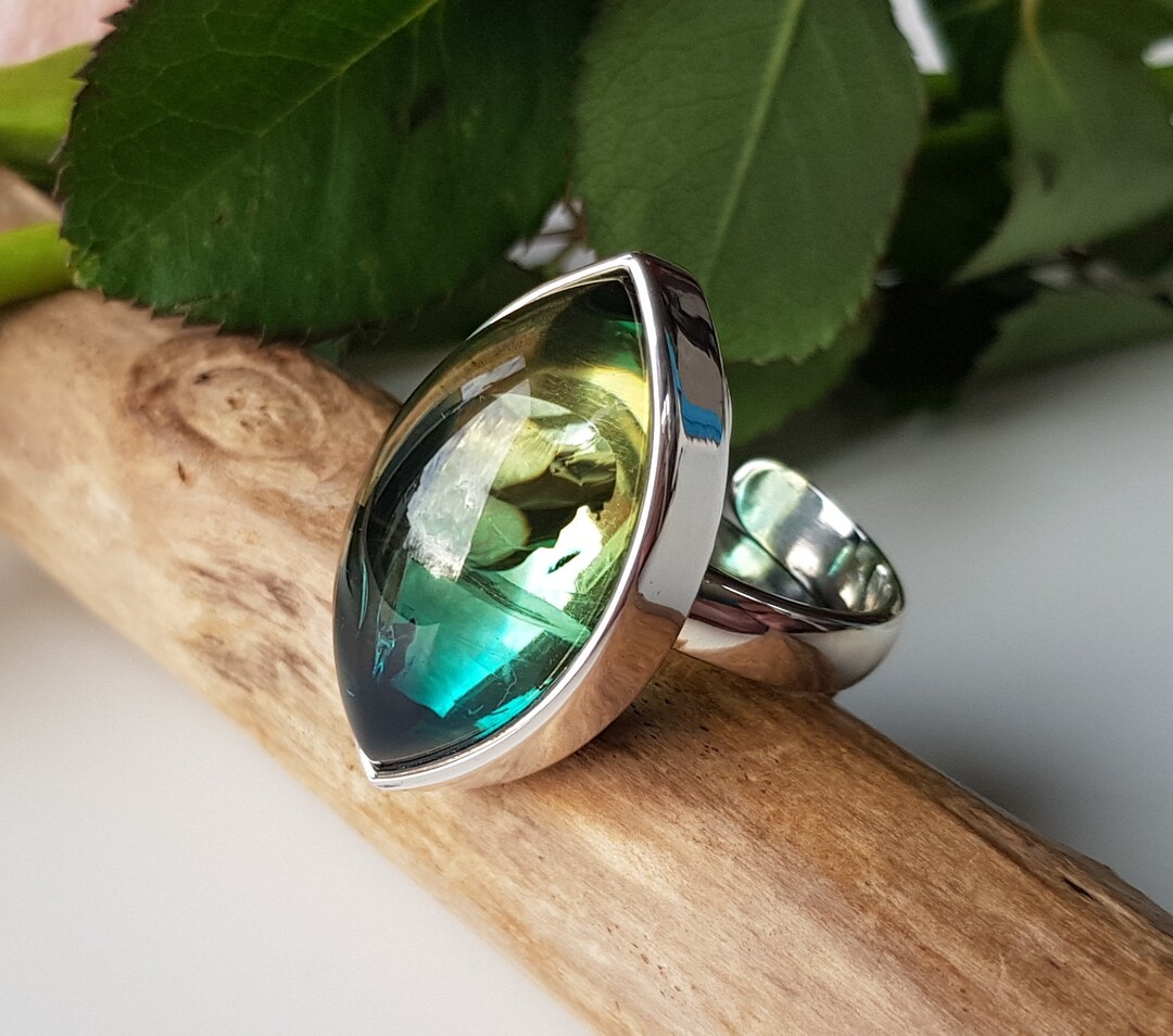 Shaded Blue Amber and Sterling Silver Ring, Blue Ombre Amber Ring ...