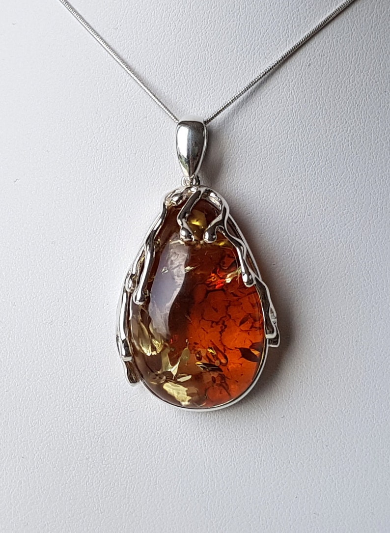 Shiny Golden Baltic Amber Pendant, Large Amber Sterling Silver Pendant ...