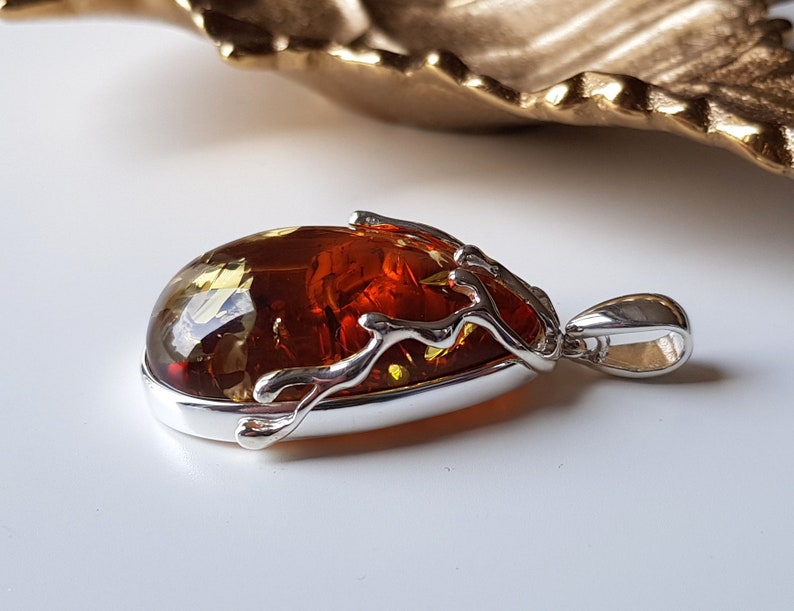 Shiny Golden Baltic Amber Pendant, Large Amber Sterling Silver Pendant ...