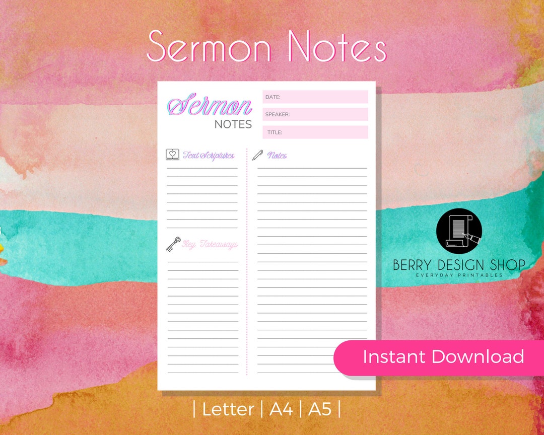 Sermon Notes Printable A4, A5 and Letter, Bible Journal and Christian ...