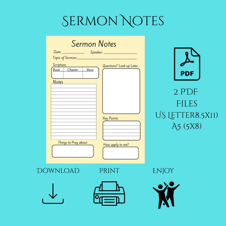 Sermon Notes Worksheet, Digital Journal, Minimalist Design, 2 Sizes - Etsy